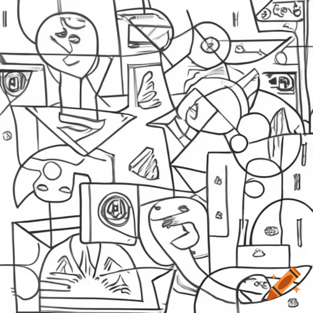 Black and white cubism coloring pages with geometric shapes and ...
