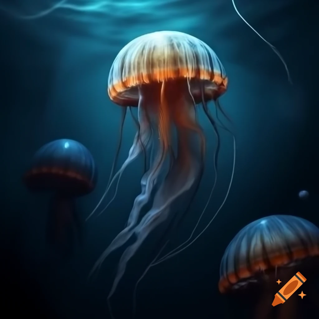 Dark deep ocean with glowing jellyfish and bioluminescent creatures on Craiyon