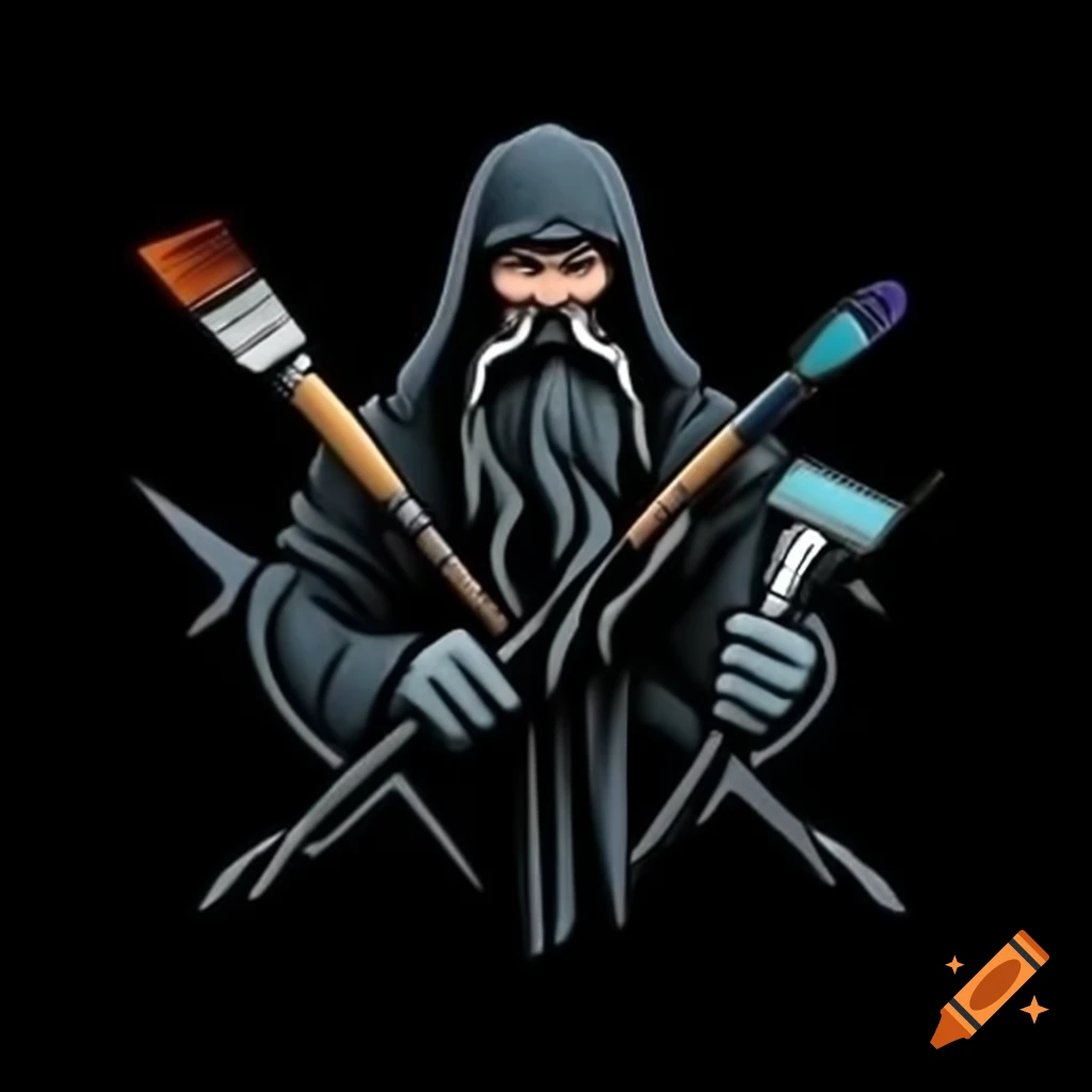 Logo featuring a bearded man with paintbrush and tools, abstract wizard ...