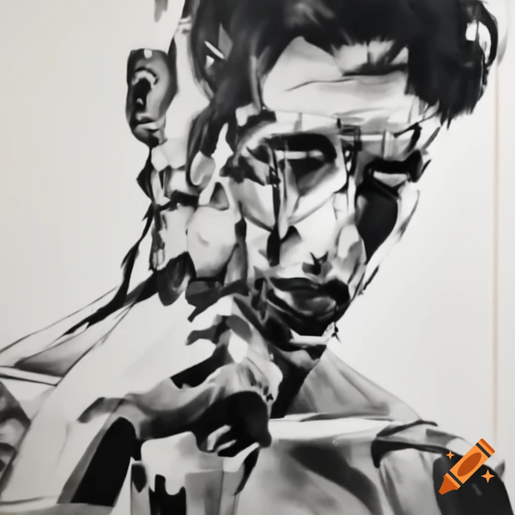 Stylized black and white line drawing of menacing models in conflict on ...