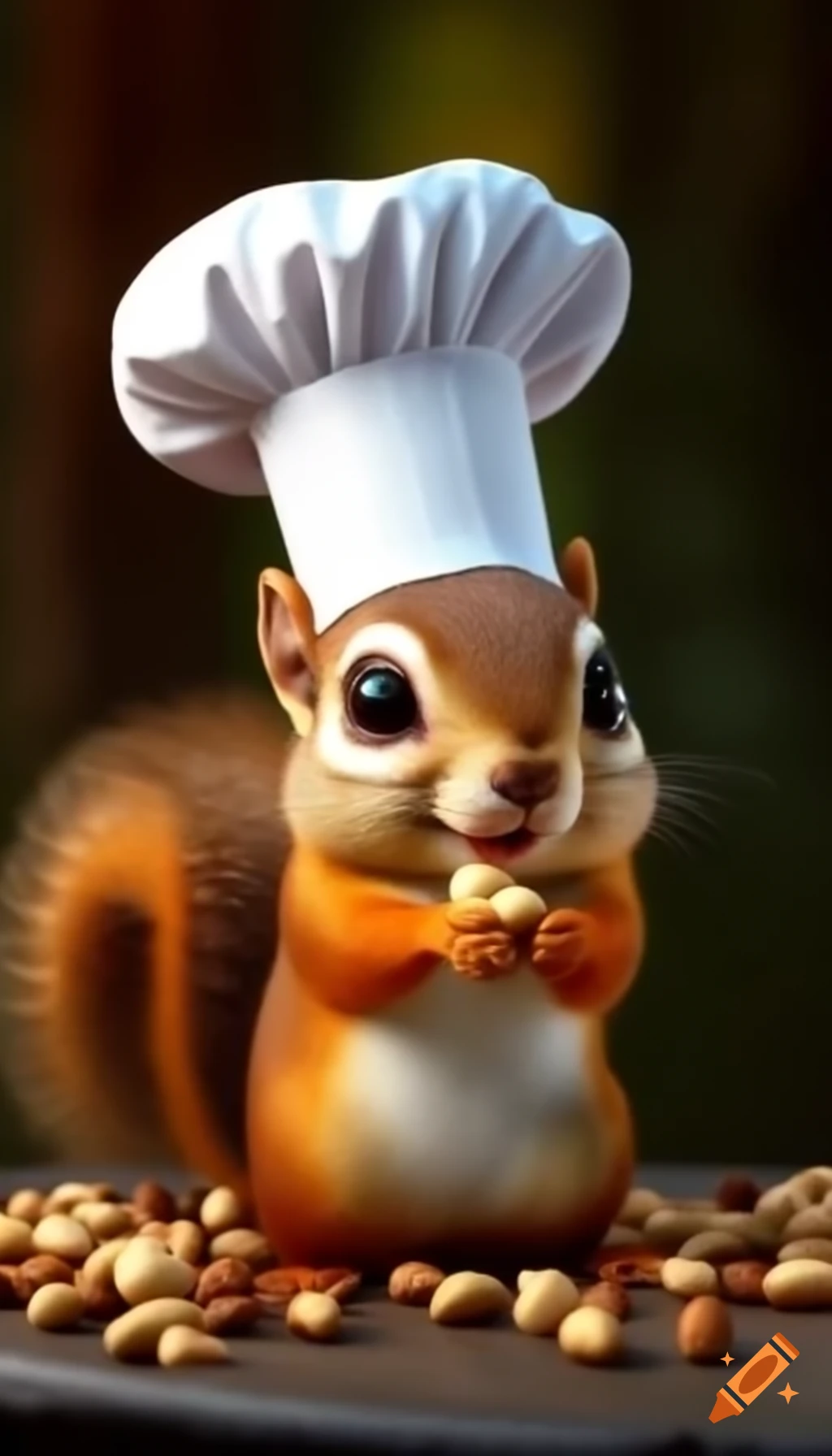 Anthropomorphized squirrel in chef's hat gathering nuts for cake on Craiyon
