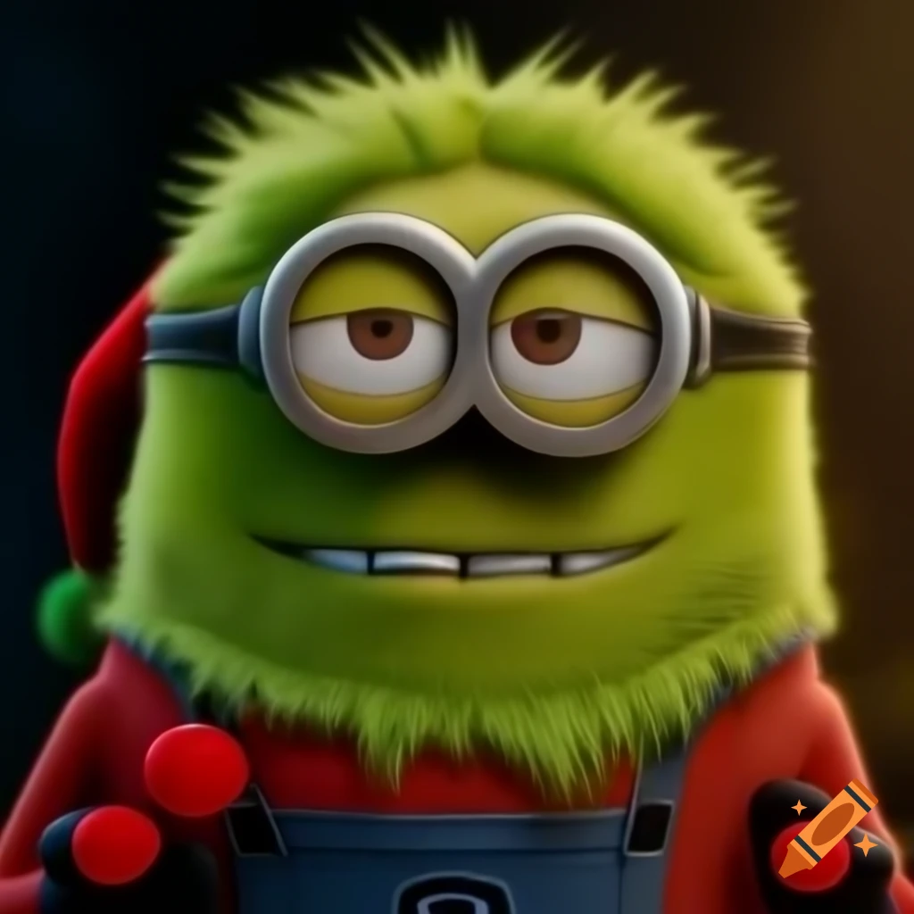 Minion Santa riding a grinch-like creature with green fur and red eyes ...
