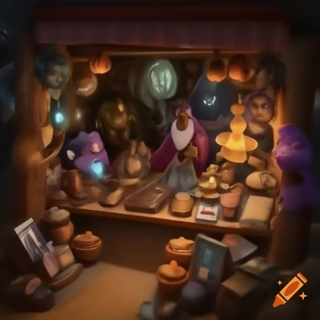 Fantasy market stall displaying magical items and legendary heroes on ...