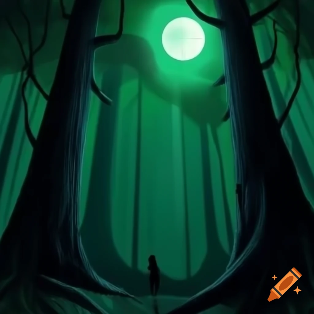 Dark green forest illuminated by full moon with figure of Lilith ...