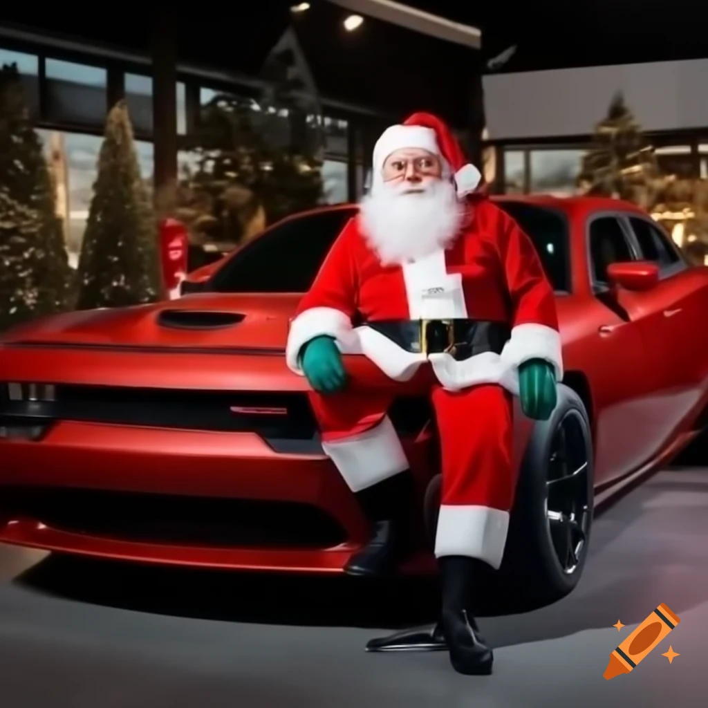 Santa in dodge charger hellcat at christmas decorated dealership on Craiyon