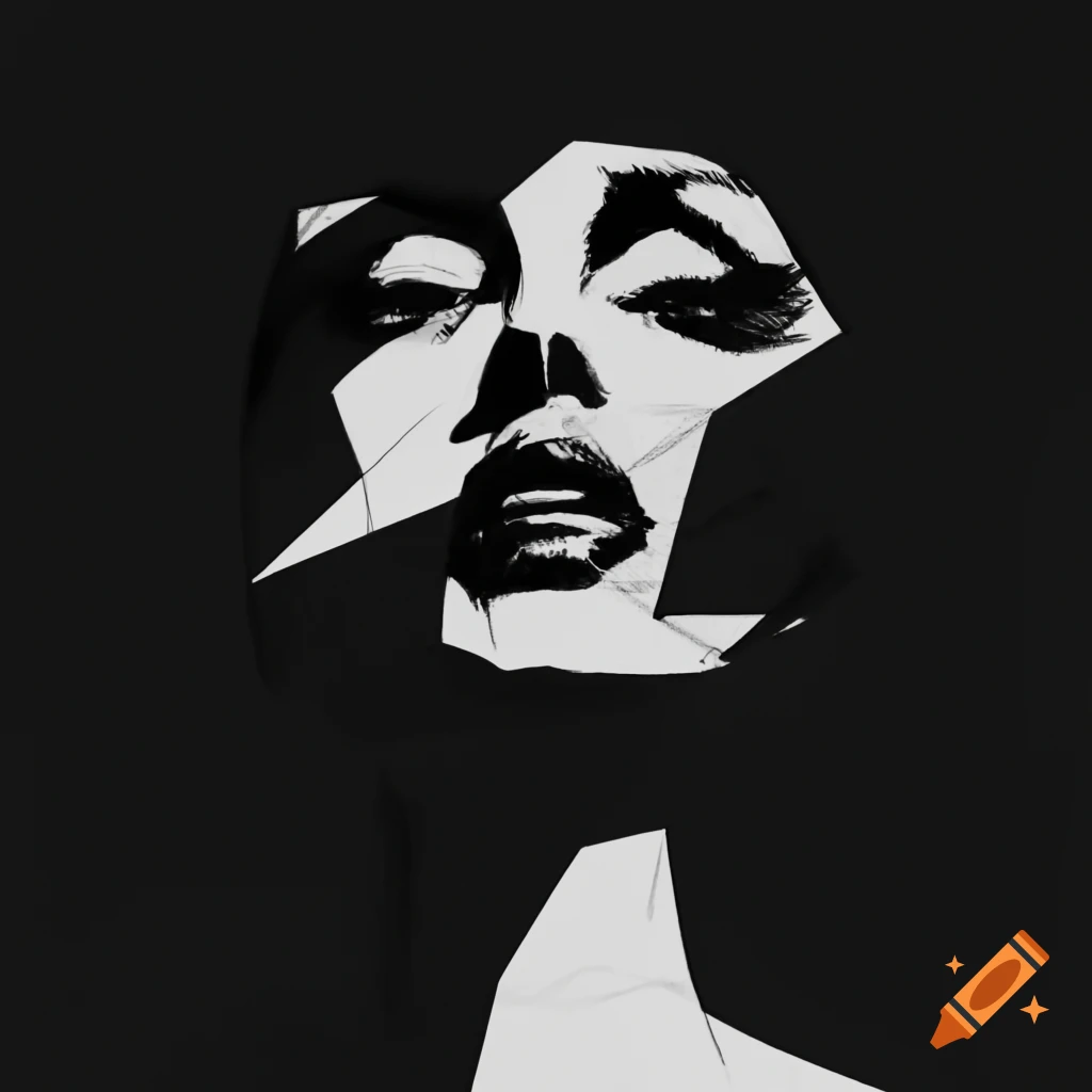 High contrast black and white geometric line drawing portrait on Craiyon
