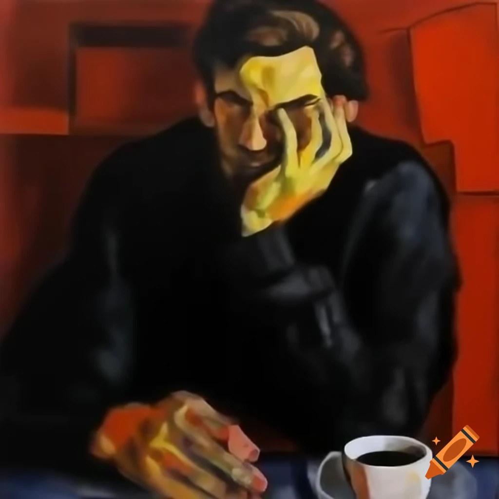 Abstract expressionist painting of a man in black shirt sitting in ...