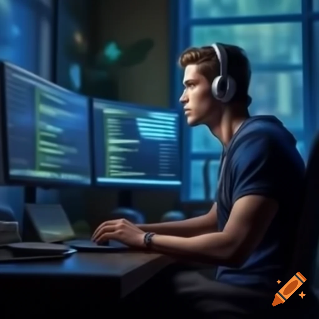 Young man in dark blue t-shirt wearing headphones, sitting on computer chair with MacBook in dim ...