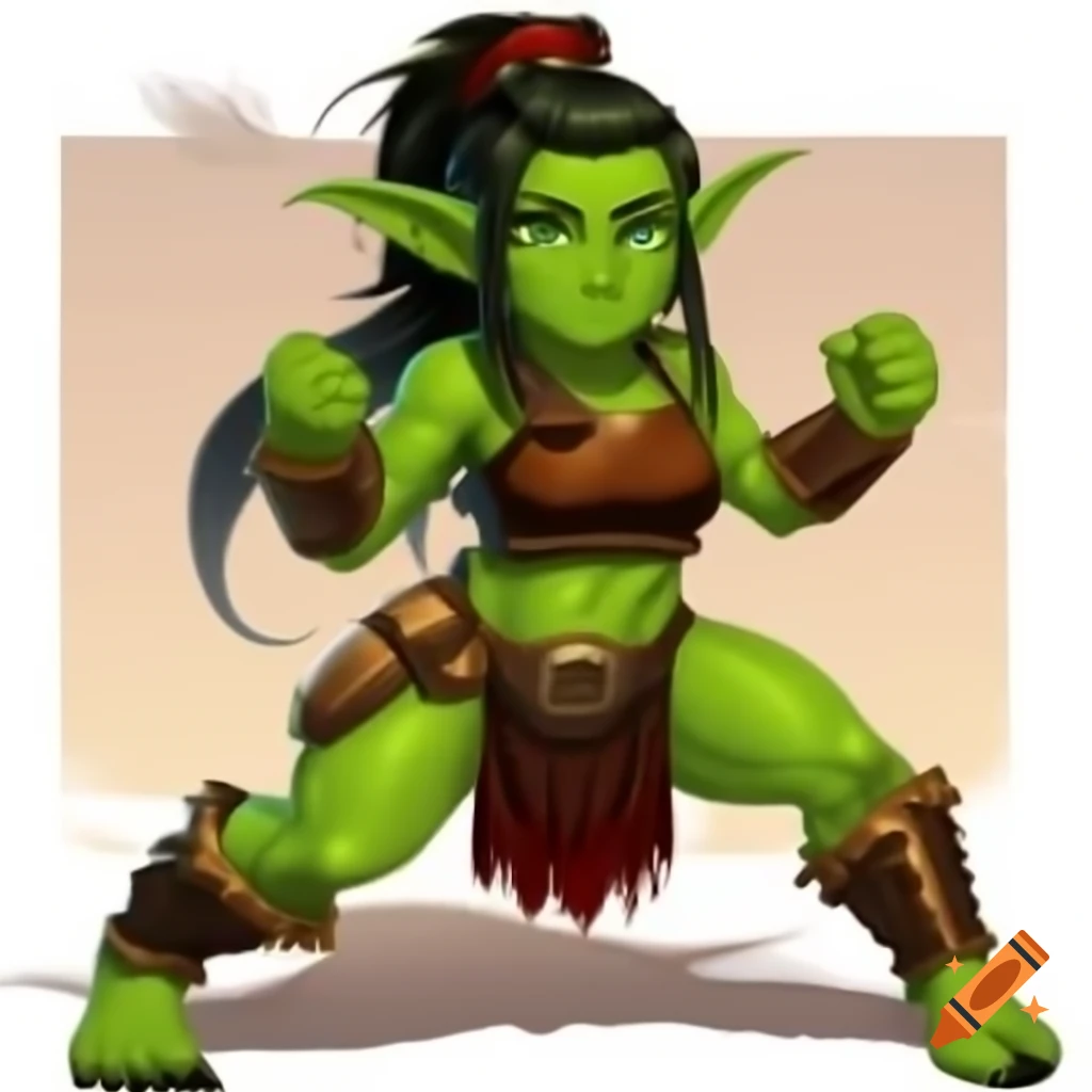 Anime goblin girl in gladiator outfit striking a fighting stance on Craiyon