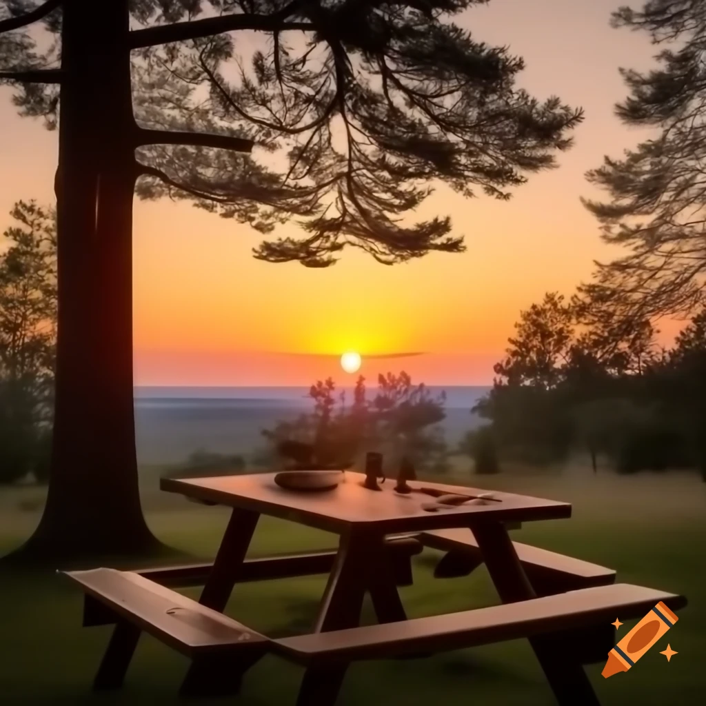 Scenic picnic table under tree during sunset with birds chirping on Craiyon