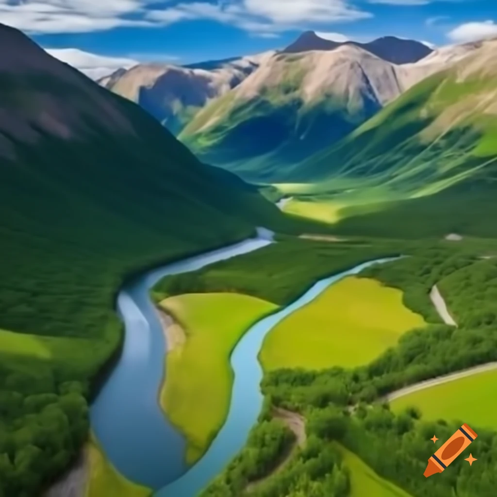 Scenic view of mountains, river, and valleys in nature on Craiyon