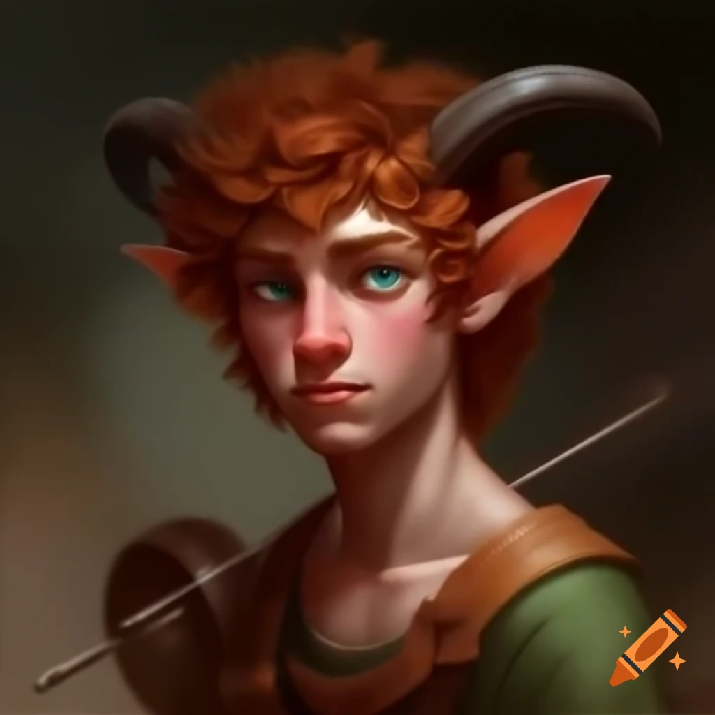 Young adult male satyr with reddish curly hair and turquoise eyes ...