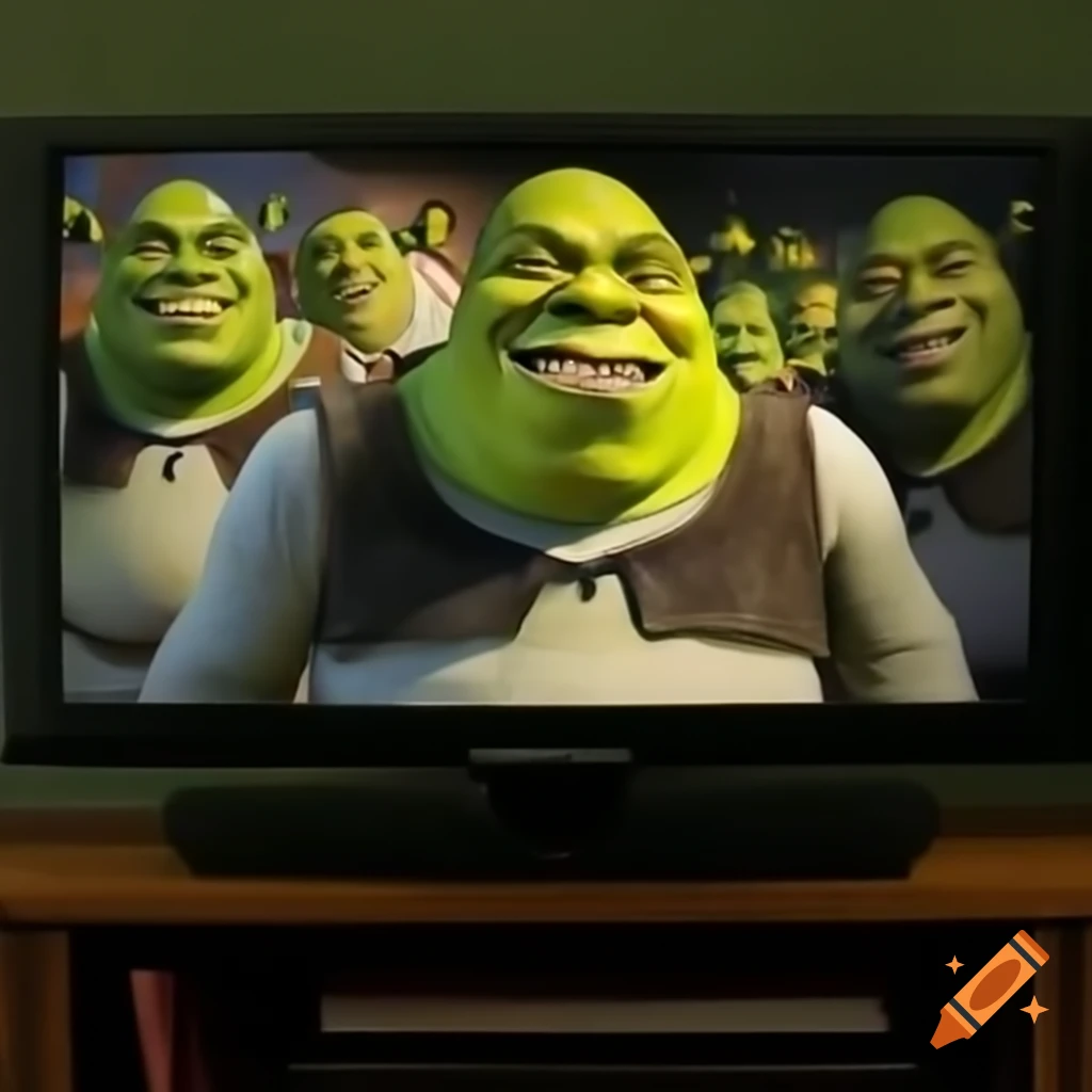 Shrek running towards the TV alongside Mickey Mouse in a captured ...