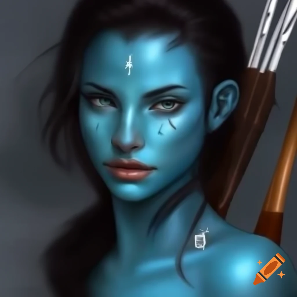 Cyan-skinned woman with silver markings drawing a bow on Craiyon