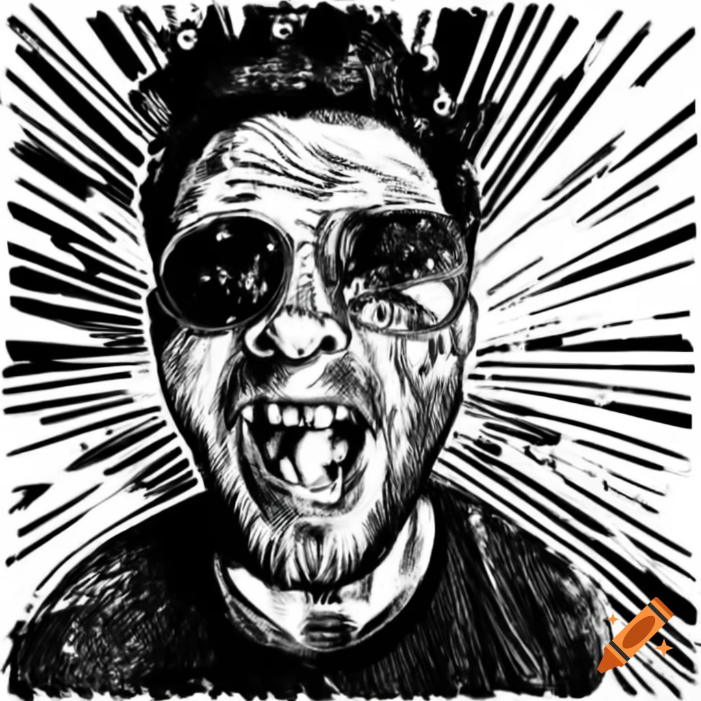 Stylized black and white line drawing portrait of a rugged male model ...