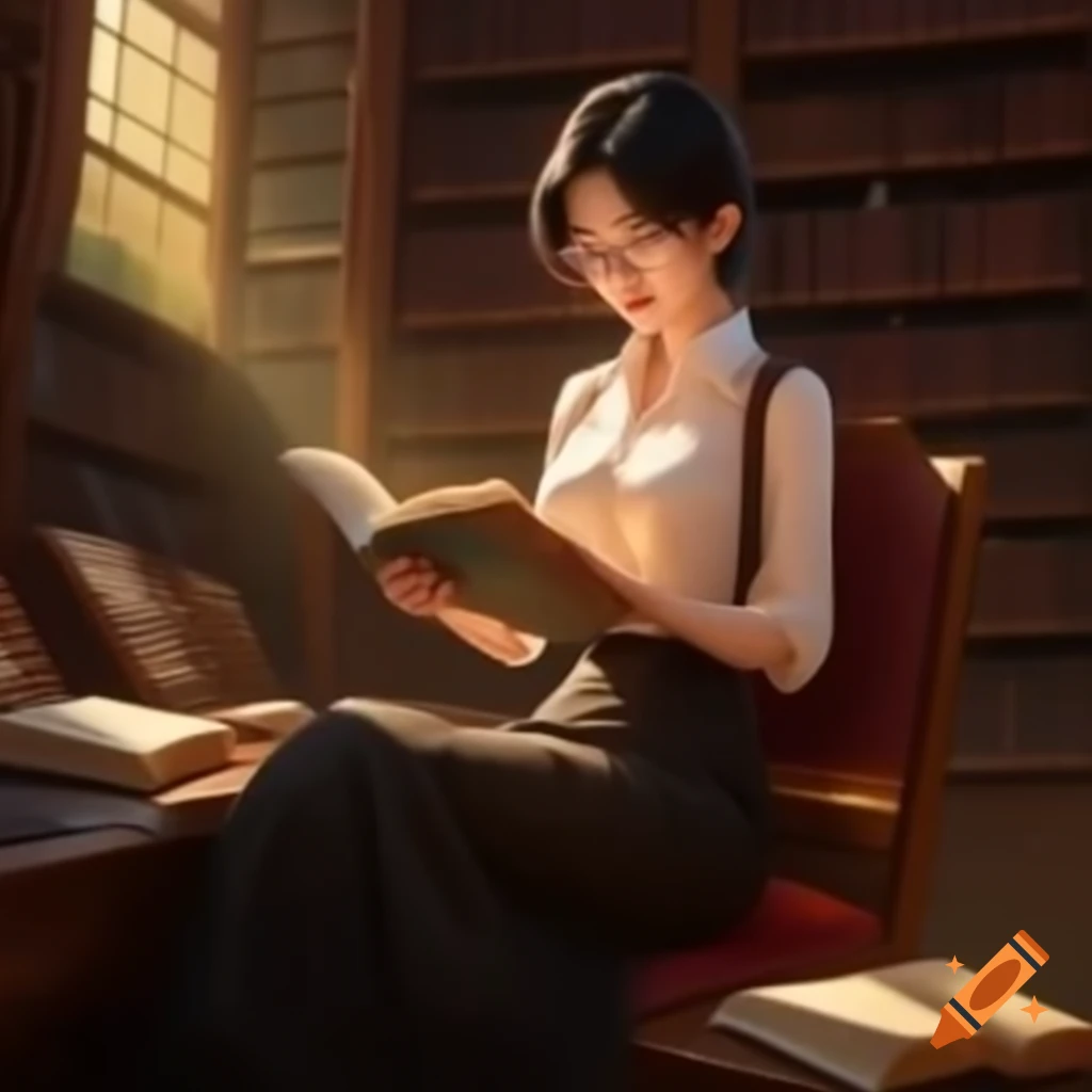 Elegant Asian female professor reading in sunlit library on Craiyon