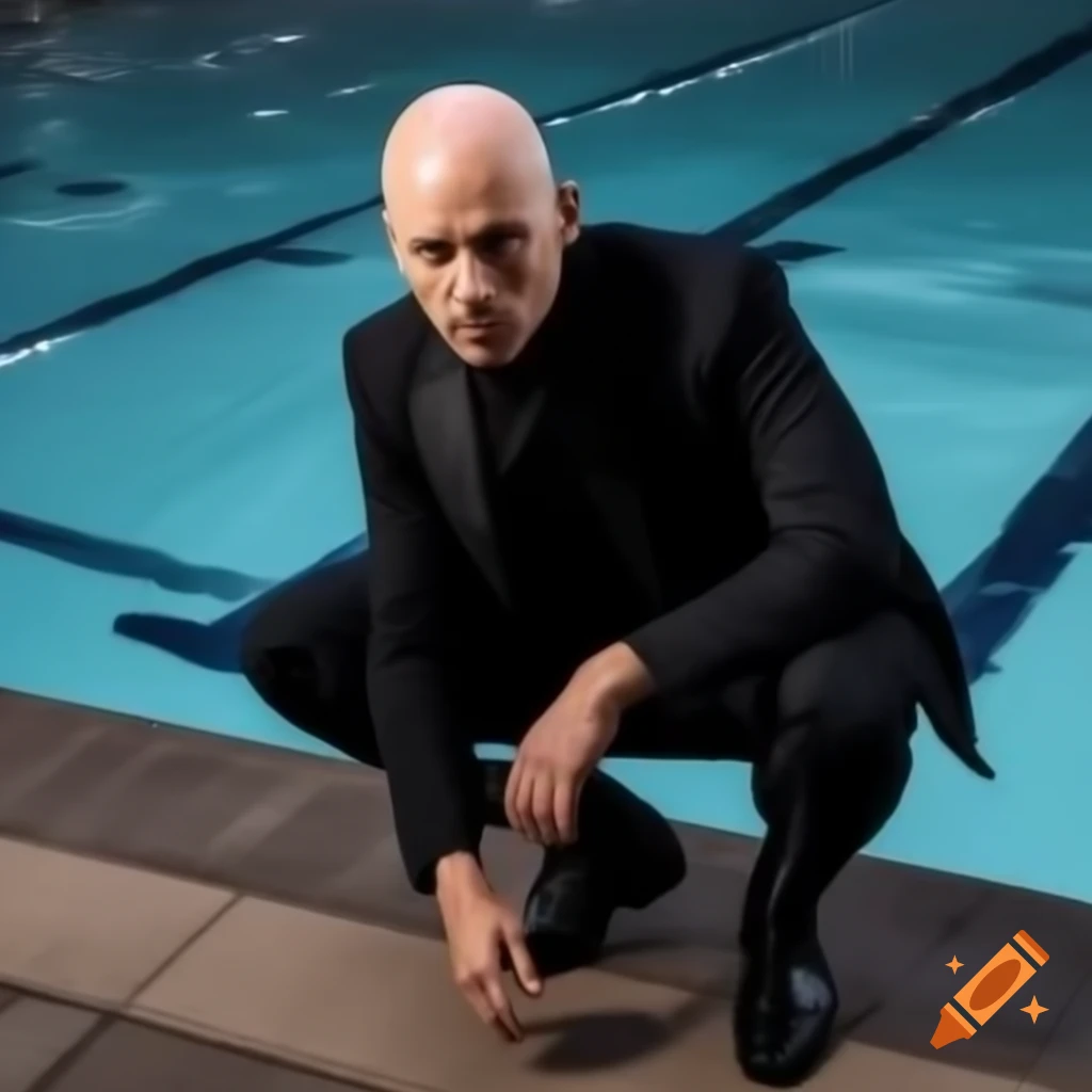 Bald man in tuxedo squatting by pool, staring at camera on Craiyon