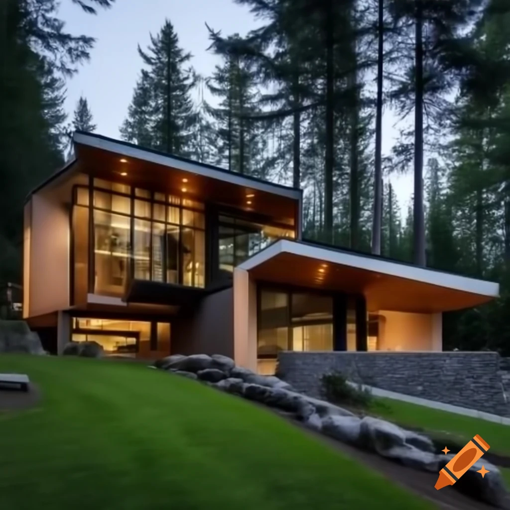 Modern minimalist house integrated with forest surroundings on Craiyon
