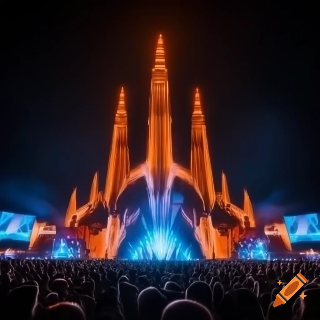 Futuristic EDM festival main stage at night with towering spires and glowing blue accents on Craiyon