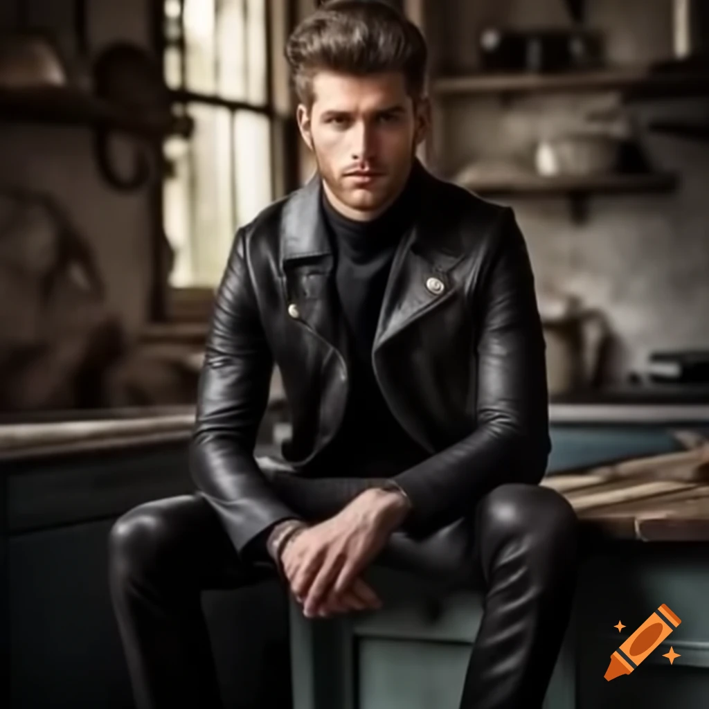 Portrait of young male greaser in leather sitting on kitchen table on ...