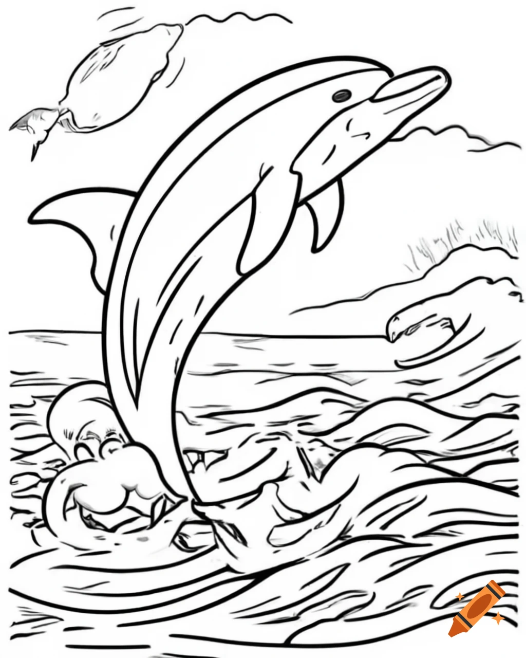 Coloring page of dolphin jumping through waves with detailed thick ...
