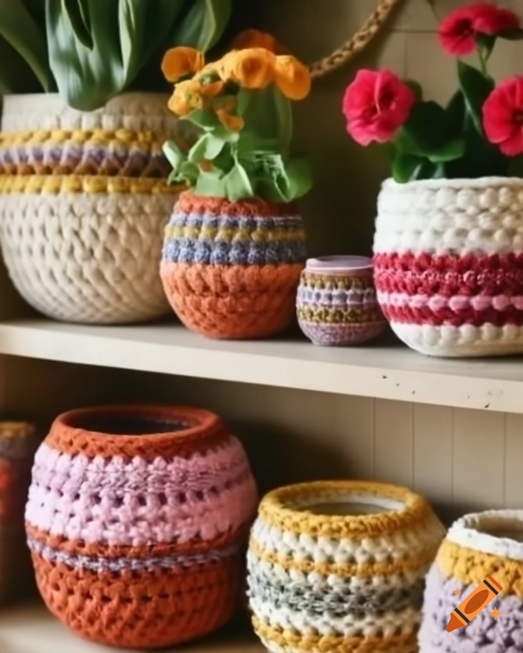 Colorful shelf with crocheted flower pots and woven flowers on Craiyon