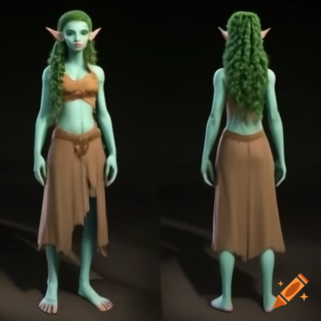 Green-skinned elf woman in brown dress from behind on Craiyon