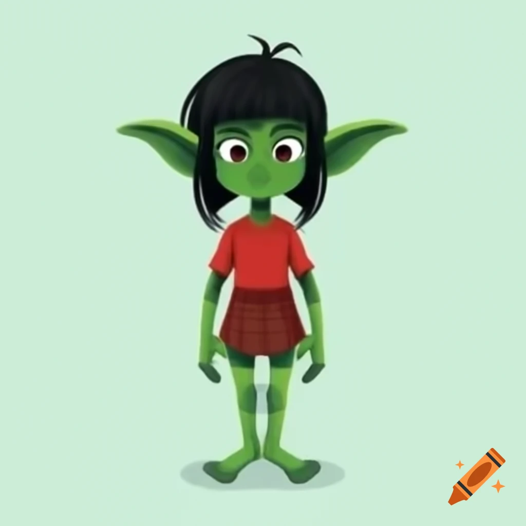 Anime green-skinned goblin girl with frizzy black and red hair ...