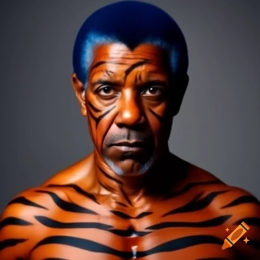 Muscular figure with tiger makeup and blue hair, striking a dynamic ...