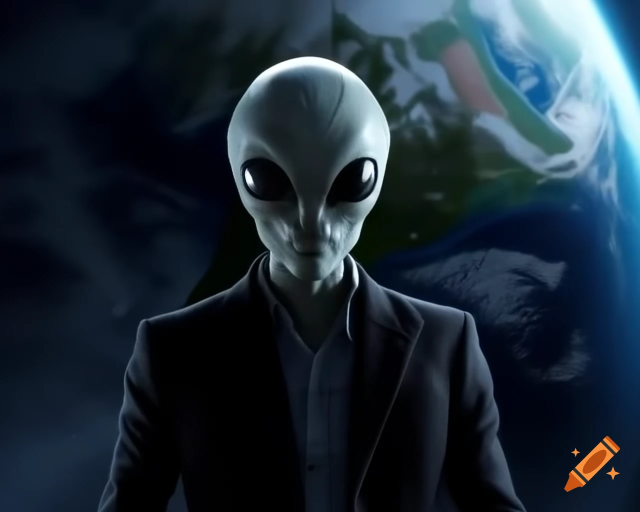 Alien in black suit with Earth in the background, sharp focus and ...