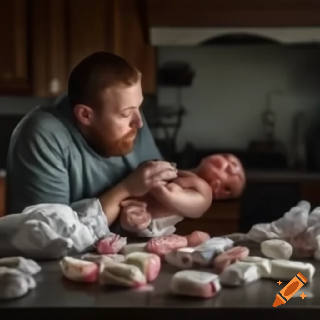 Scottish man managing chaos with crying baby and messy kitchen on Craiyon