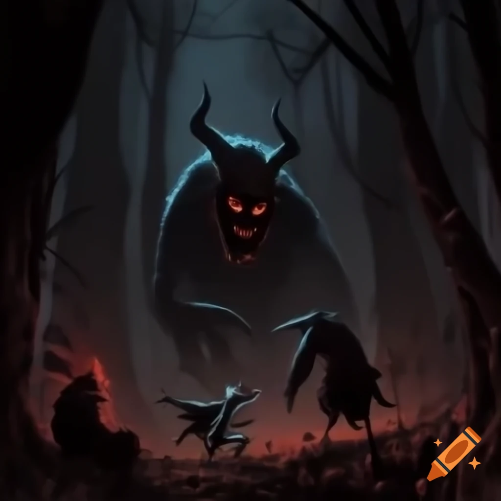 Dark vintage depiction of devil and demons lurking in night forest on ...