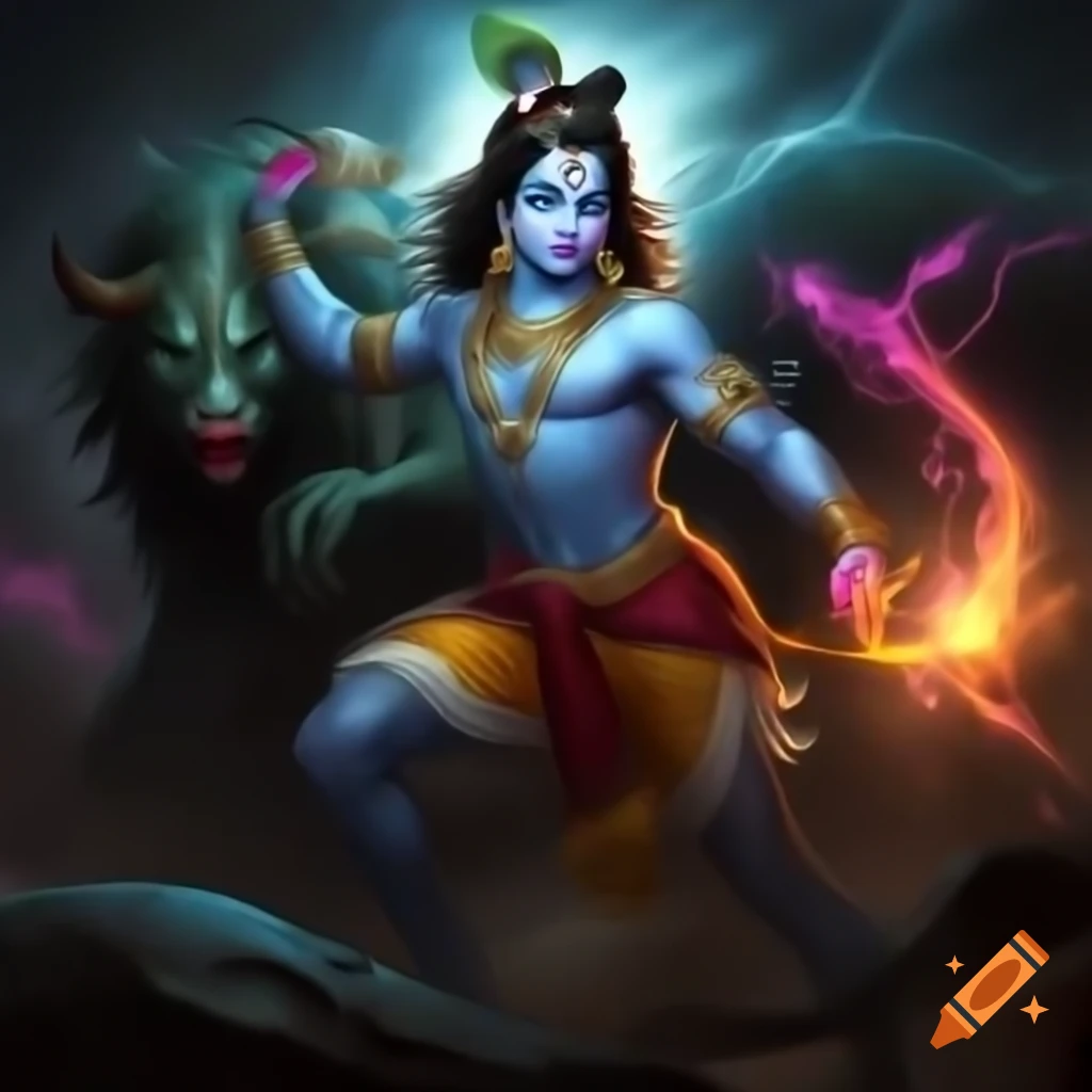 Lord krishna in battle with demon, wearing divine armor and wielding ...