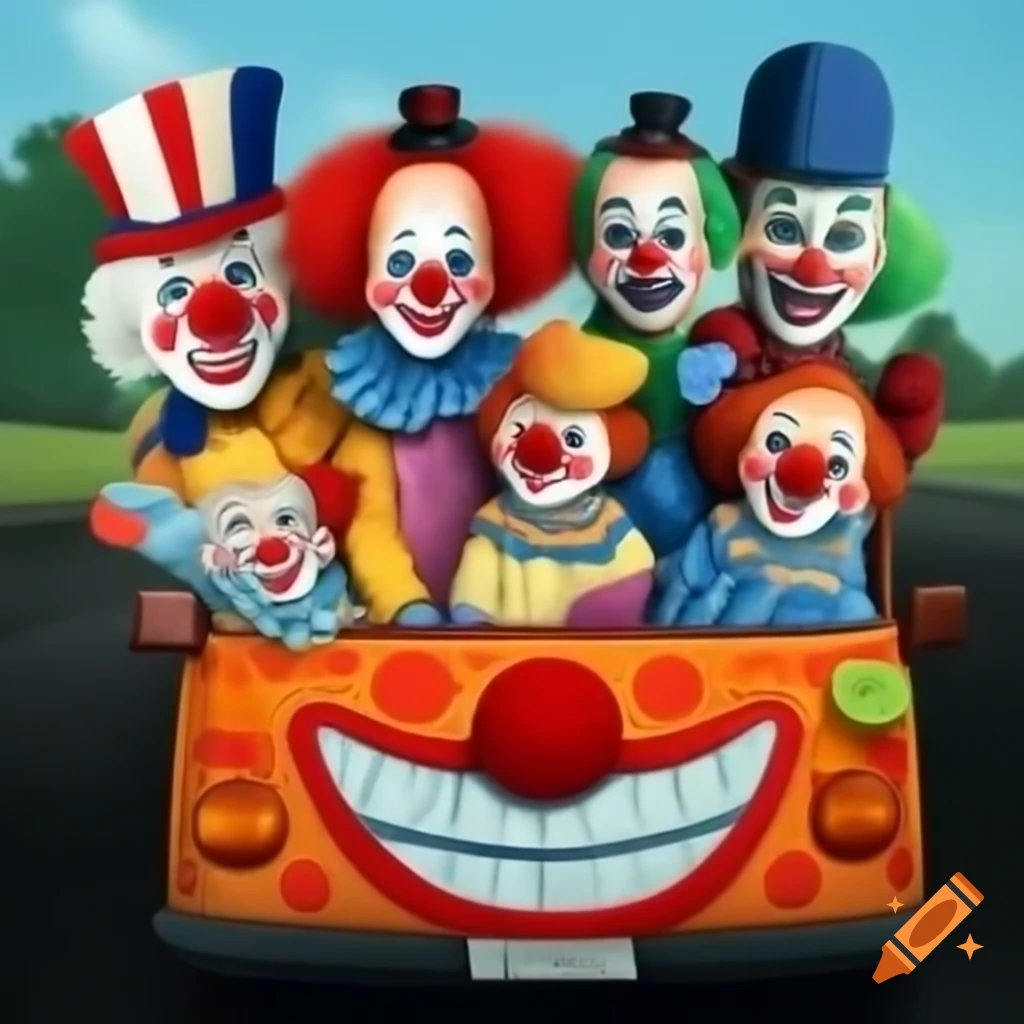 Five clowns exiting tiny car with wide painted smiles on Craiyon