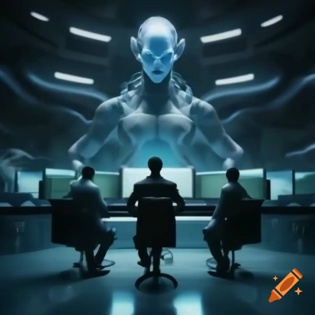Experts around futuristic console engaged with powerful AI avatar on ...