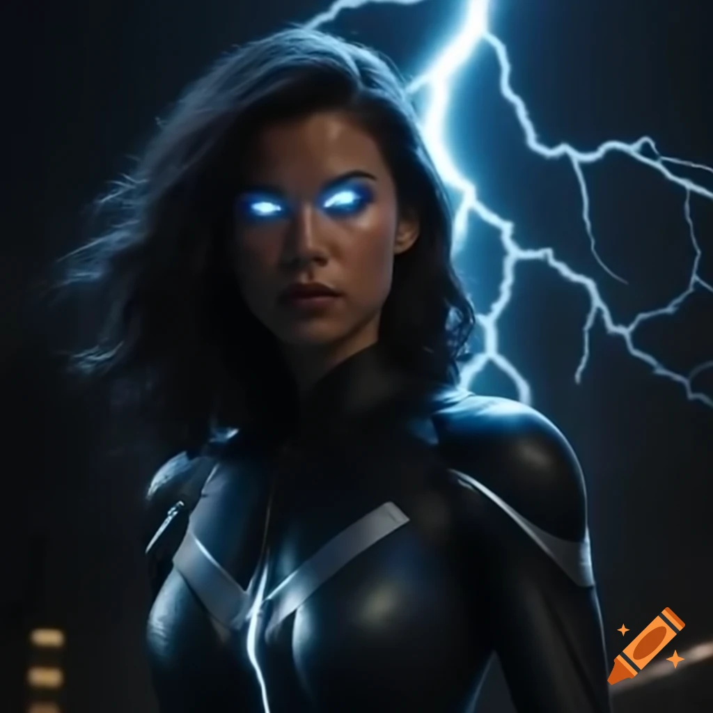 Female character Storm from X-Men in a lightning pose with white eyes ...