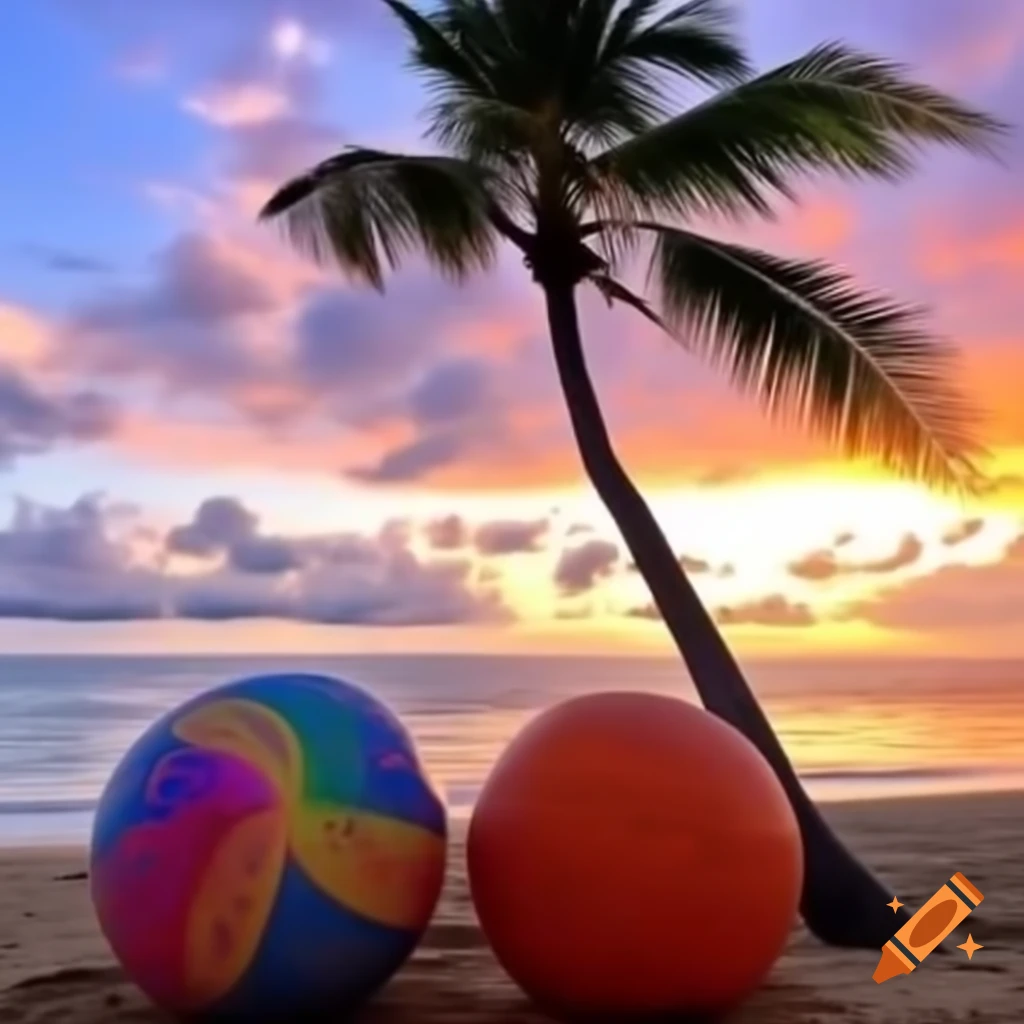 Colorful beach balls under palm tree at Hawaiian sunset on Craiyon