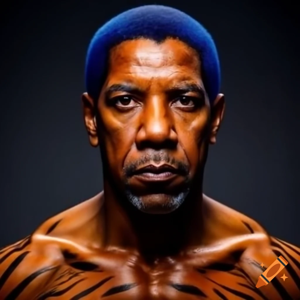 Muscular figure with tiger-style makeup and striking colors on Craiyon