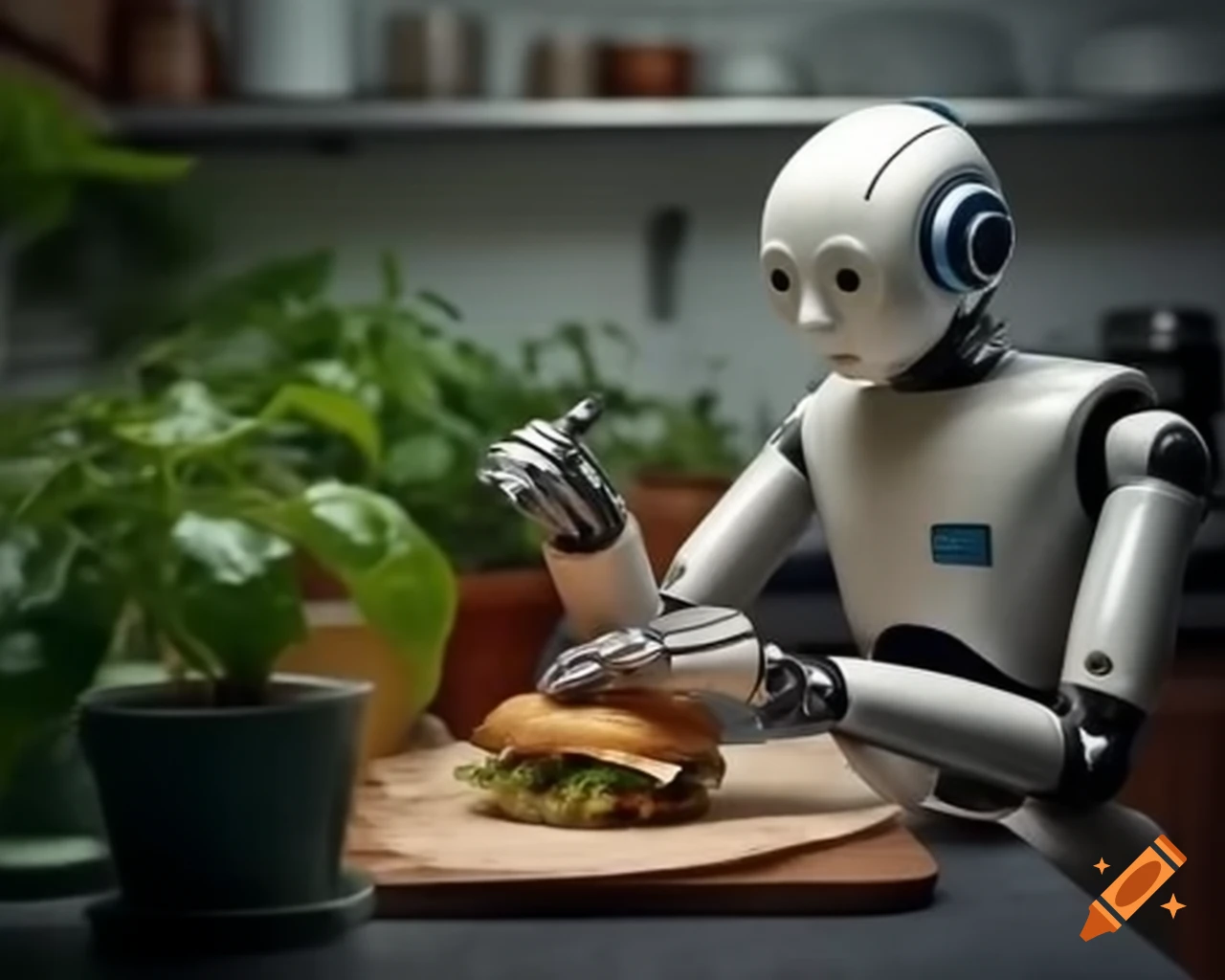 Humanoid robot making a sandwich in a kitchen with potted plants ...