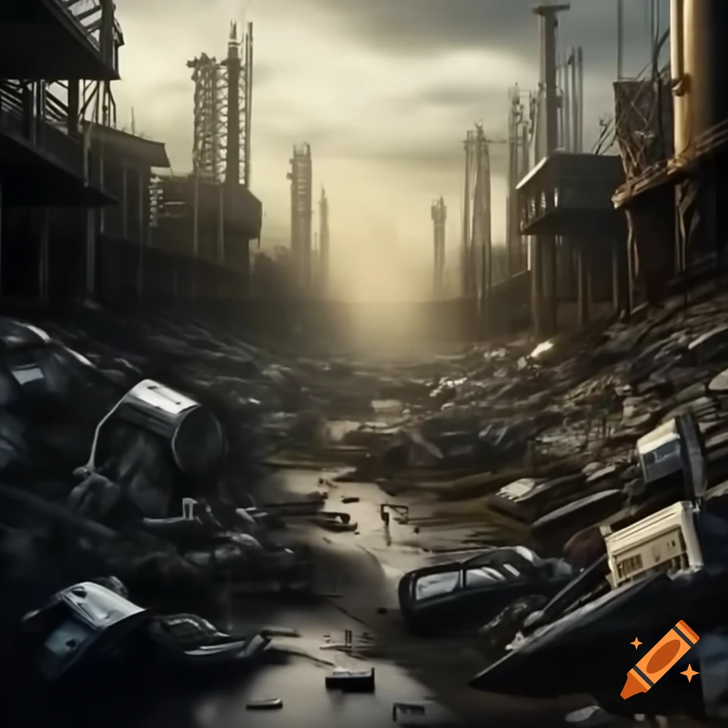 Post-apocalyptic landscape with robots recycling waste for a better ...