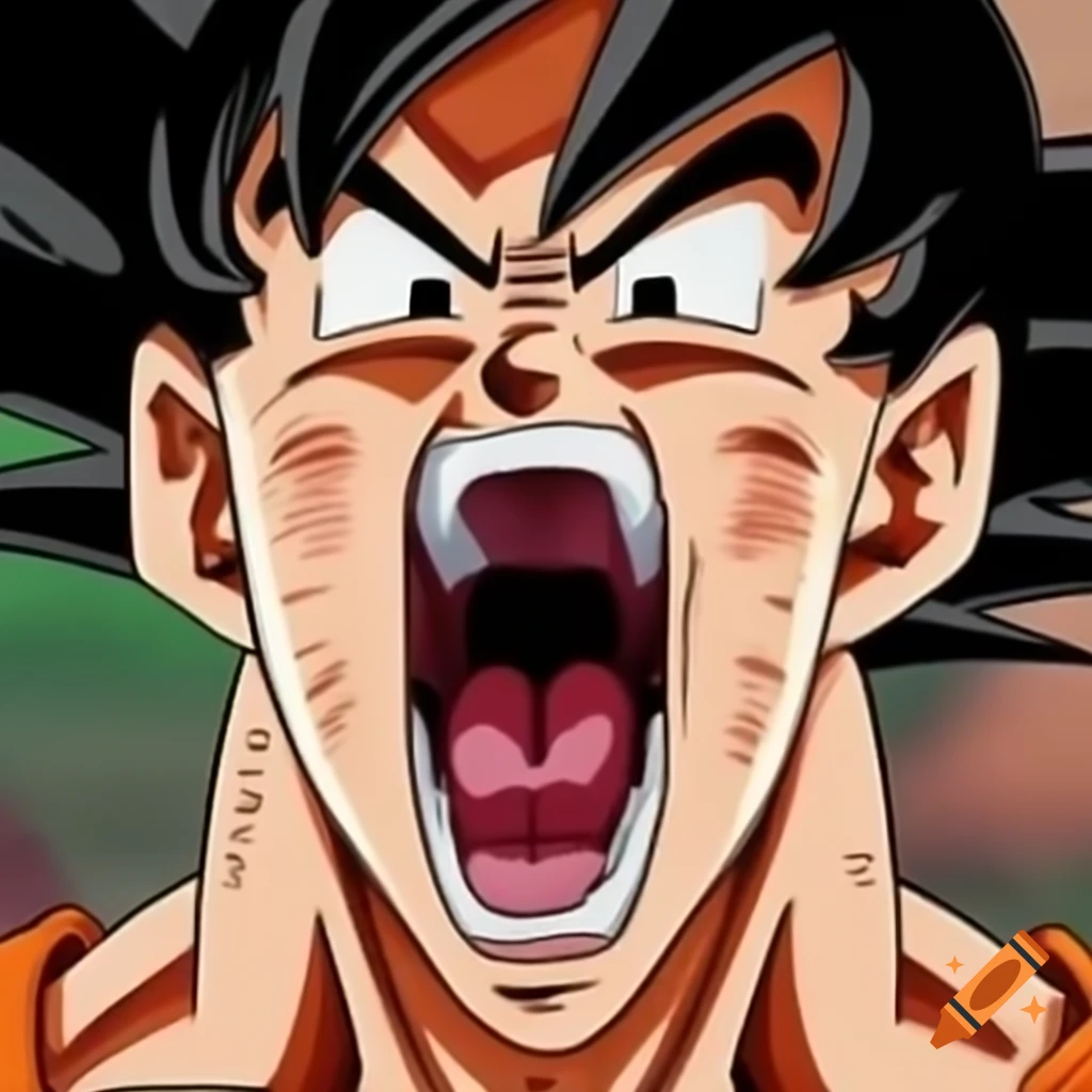 Goku expressing intensity with mouth open on Craiyon