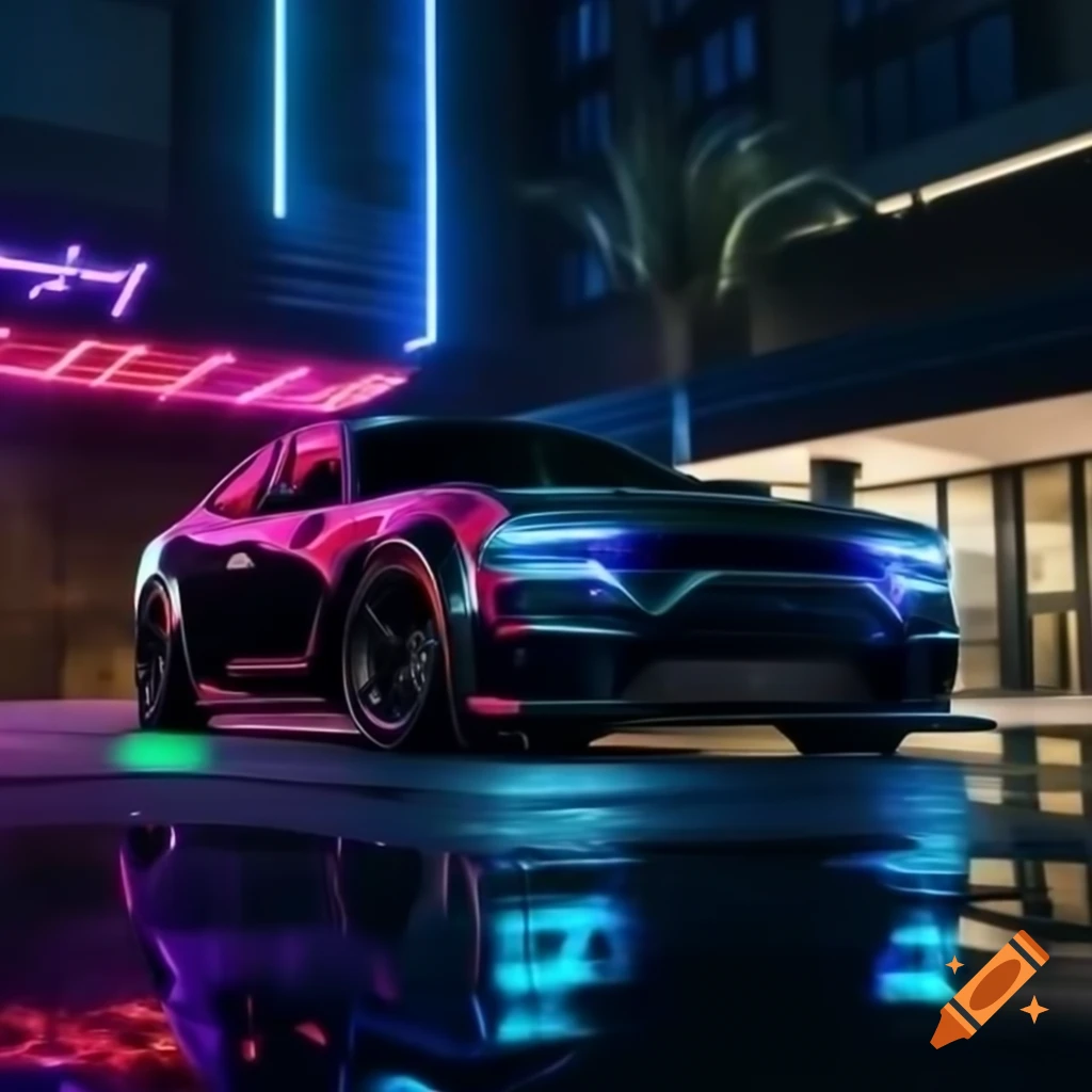 Dodge Charger SRT Hellcat parked in front of luxury hotel with neon ...
