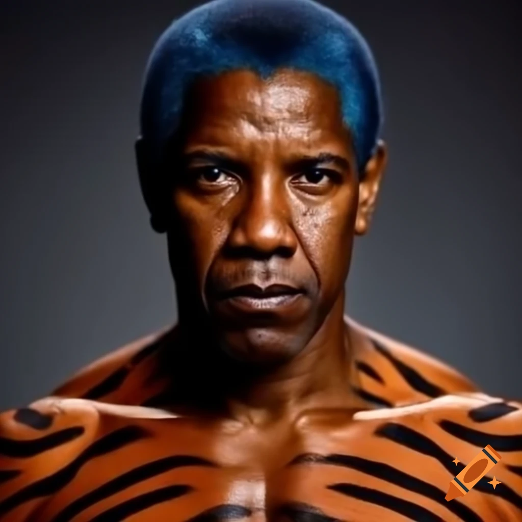 Muscular man with tiger-style makeup, featuring blue hair and orange ...