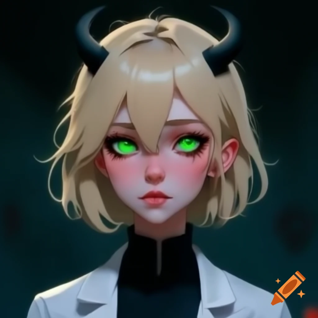 Anime female character with dirty blonde hair, black horns, and dark ...