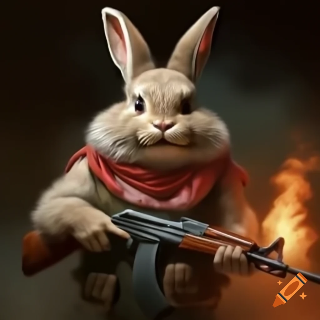 Muscular bunny resembling rambo firing an ak-47, wearing red bandana on ...