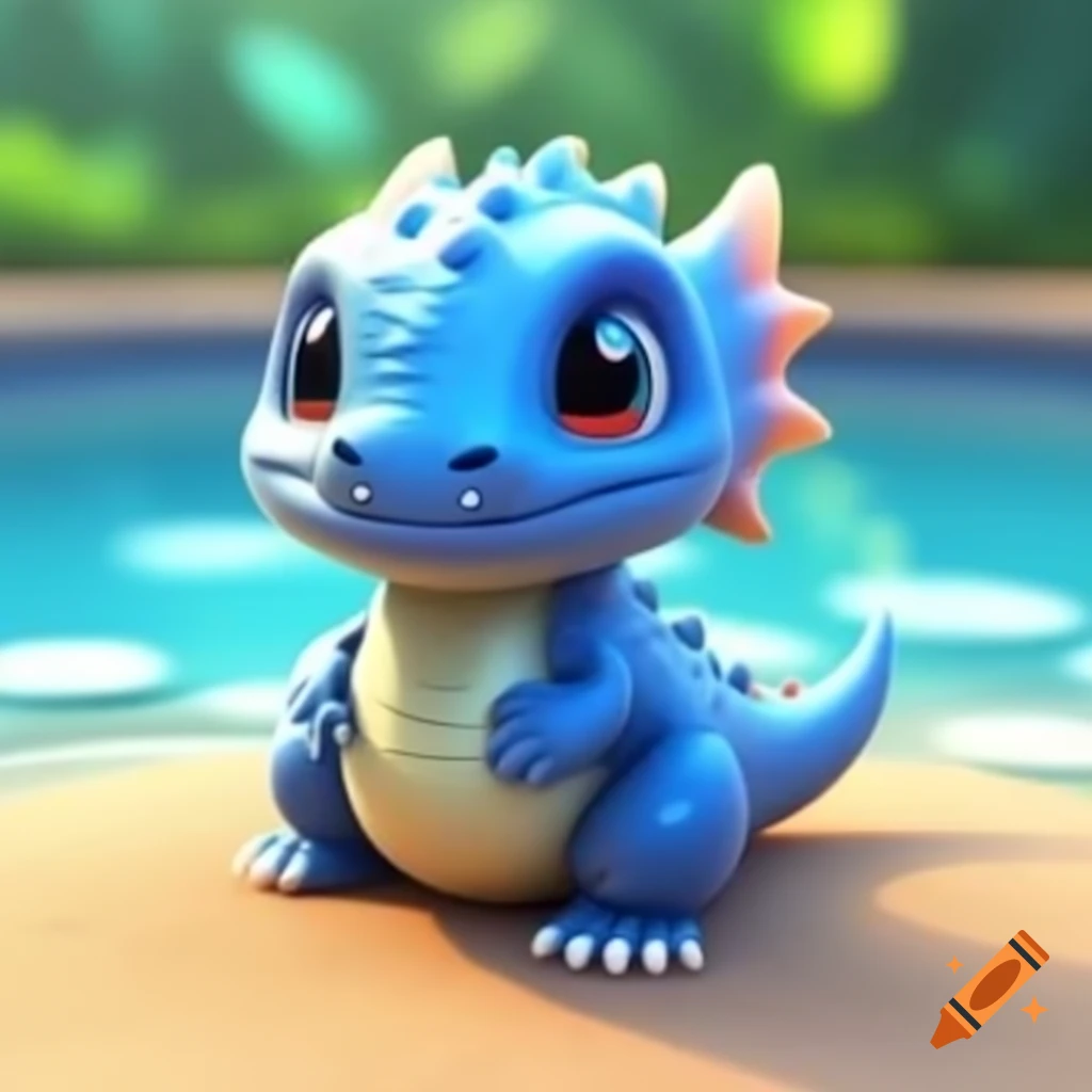 Adorable pudgy blue dragon with shiny skin by the poolside on Craiyon