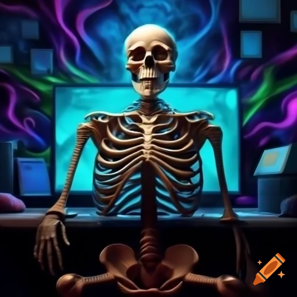 Psychedelic art of a skeleton in front of a computer on Craiyon