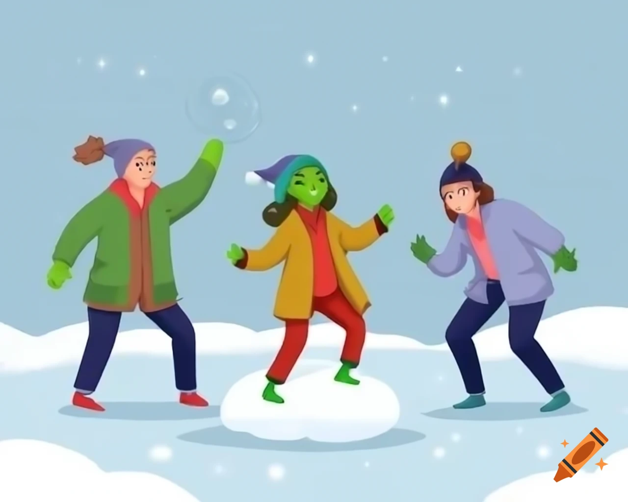 Anime goblin girl in winter clothes enjoying a snowball fight with ...