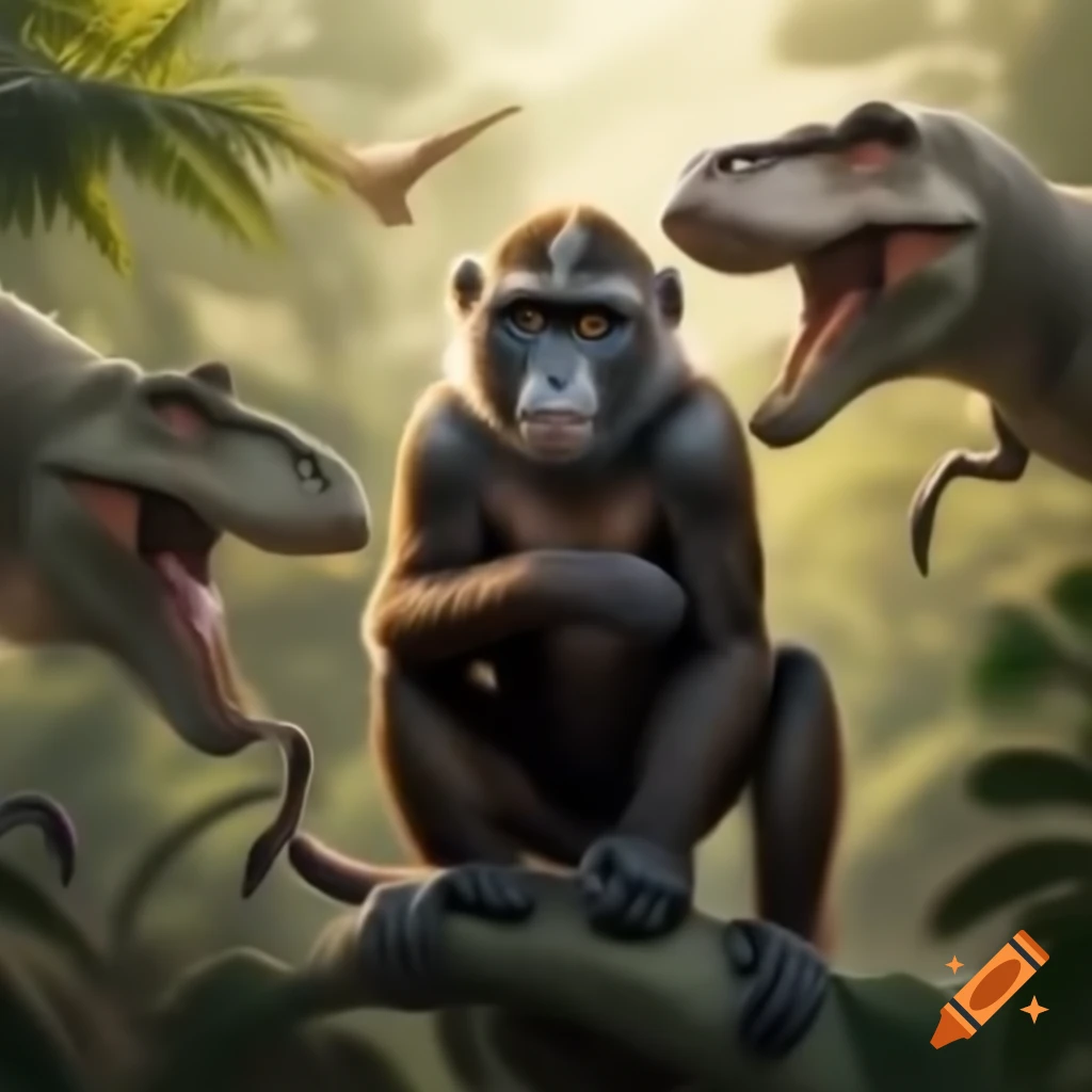 Australopithecus interacting with dinosaur toys on Craiyon