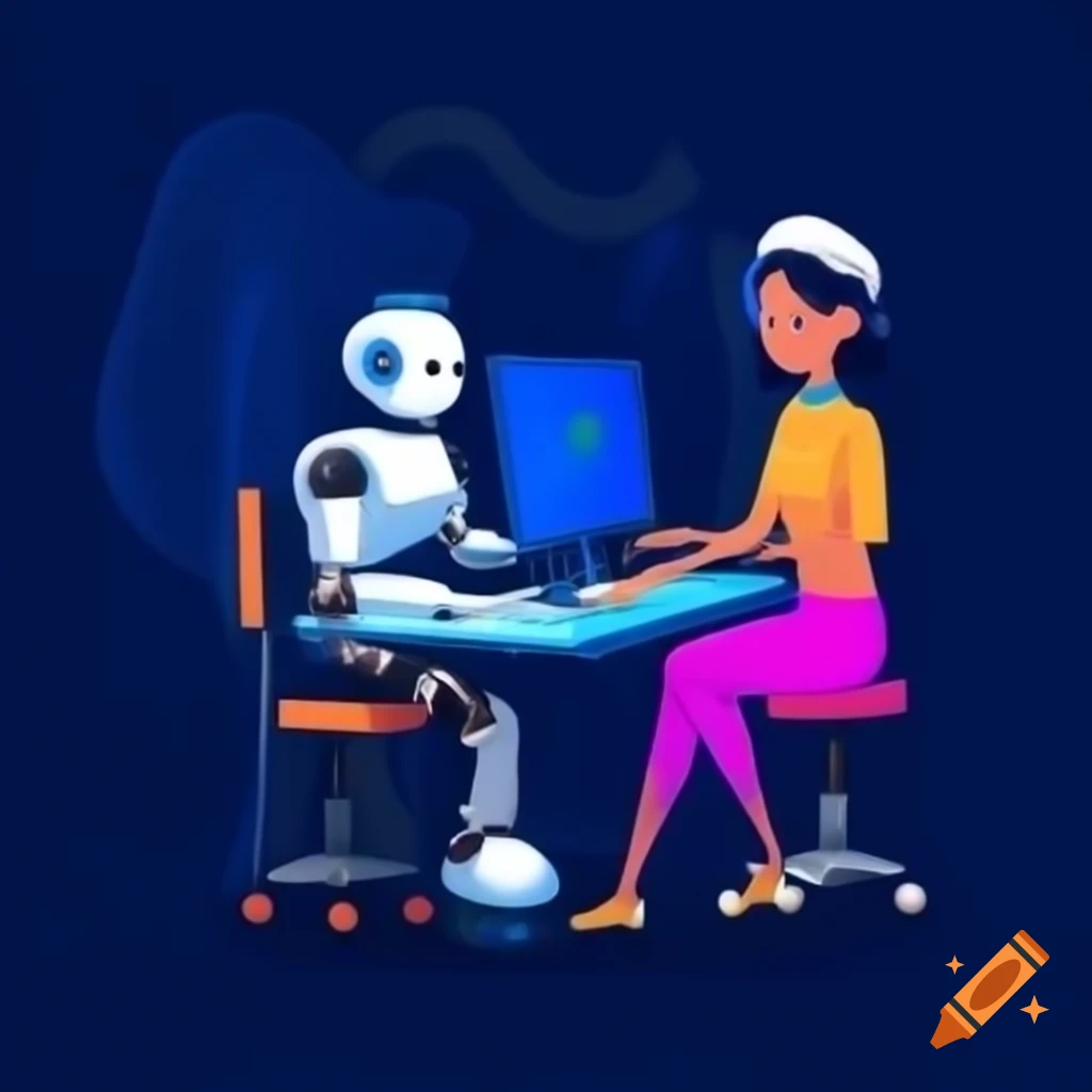 Robot typing on laptop beside a woman on Craiyon